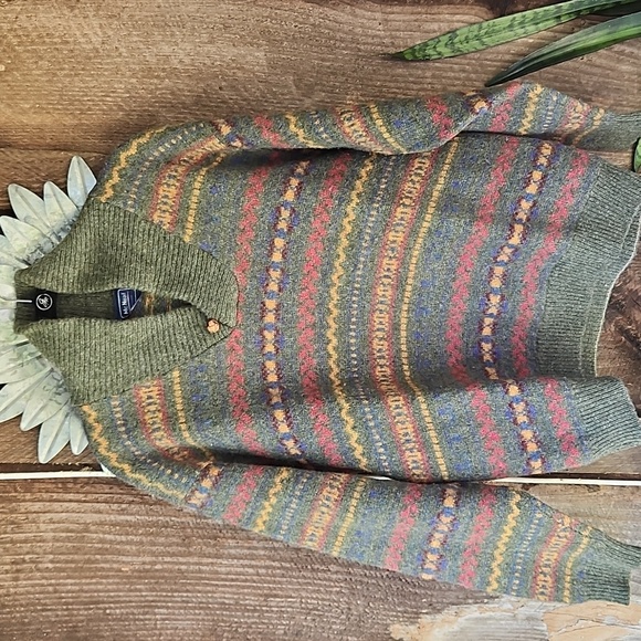 McNeal | Sweaters | Mcneal 0 Wool Olive Green Fair Isle Shawl Collar ...